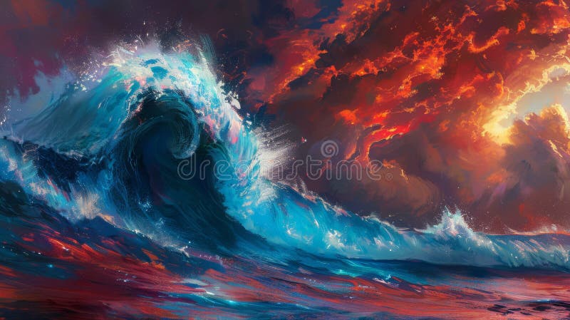 Dramatic Ocean Wave Under Red Sunset Sky Stock Image - Image of ...