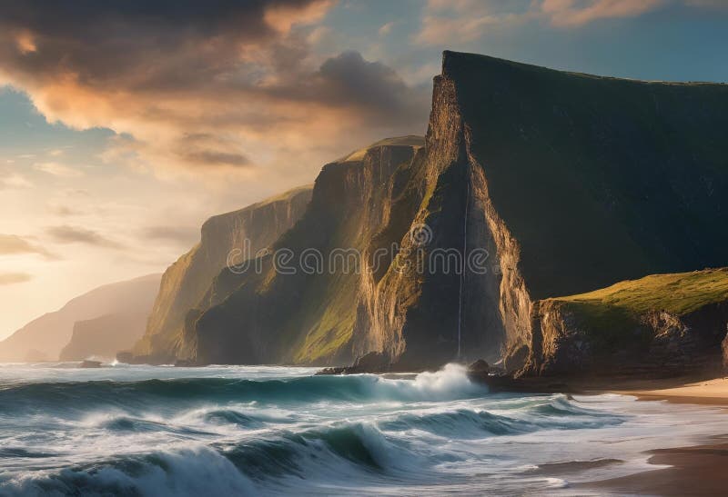 Dramatic Ocean Waves Against Towering Cliffs at Sunset. Stock ...