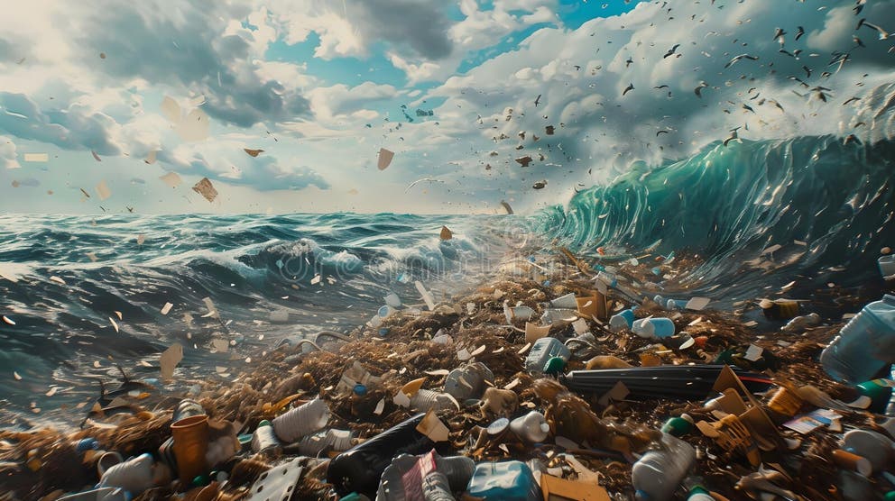 Dramatic Ocean Waves Amidst a Sea of Trash, Highlighting Environmental ...