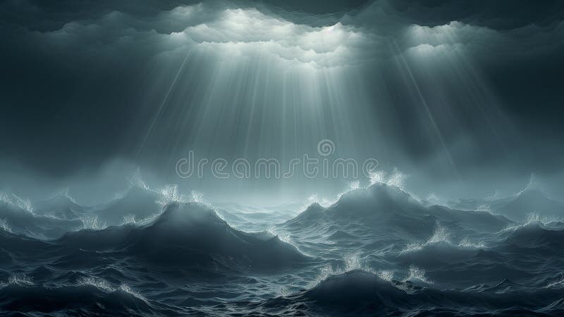 Dramatic Ocean Waves Beneath Rays of Light Breaking through Clouds ...