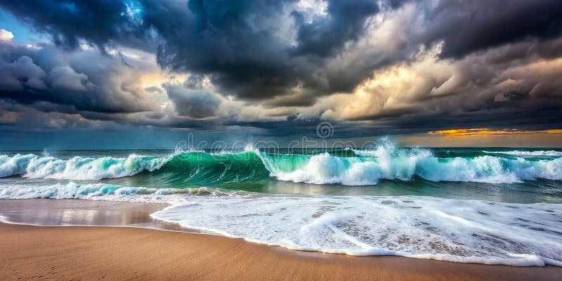 Dramatic Ocean Waves Crash on Cloudy Beach Blending the Sea and Sky ...