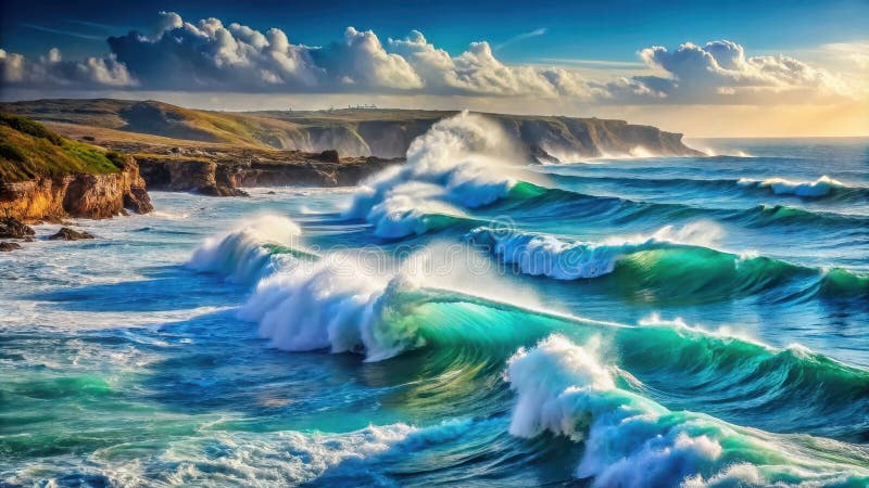 Dramatic Ocean Waves Crashing Against Coastal Cliffs at Sunset ...