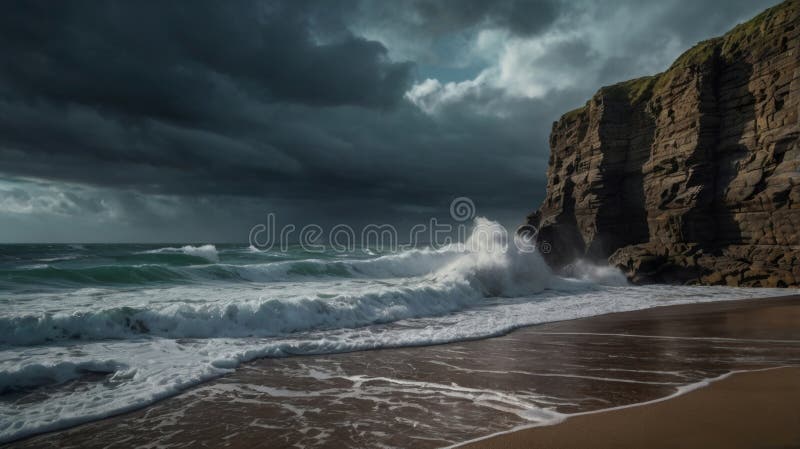 Dramatic Ocean Waves Crashing Against Coastal Cliffs Under a Stormy Sky ...