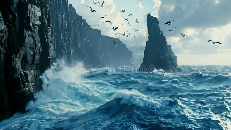 Dramatic Ocean Waves Crashing Against Dark Cliffs, with a Flock of ...