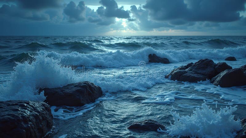 Dramatic Ocean Waves Crashing Against Rocks at Sunset with Dark Clouds ...