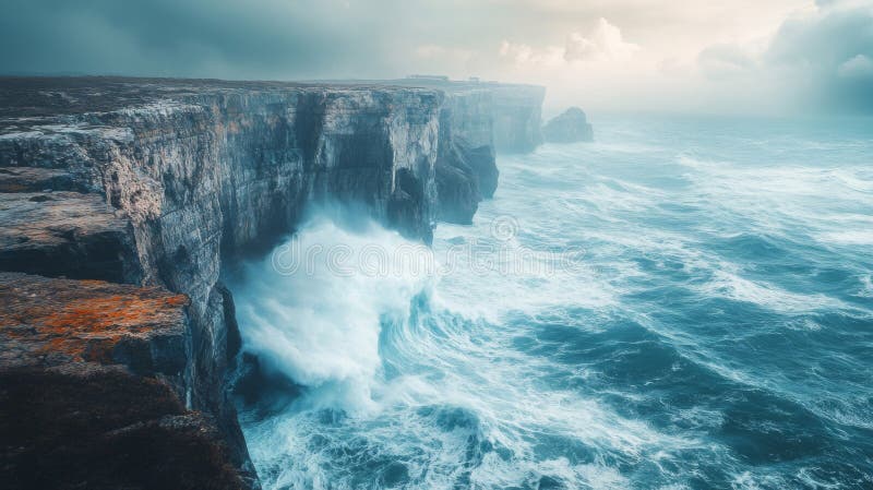 Dramatic Ocean Waves Crashing Against Rugged Cliffs Stock Illustration ...