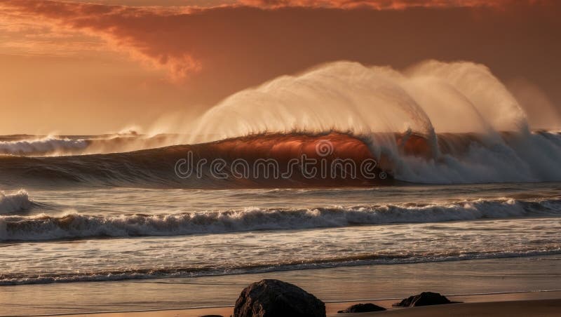 Dramatic Ocean Waves Crashing on Beach during Golden Sunset Stock Photo ...