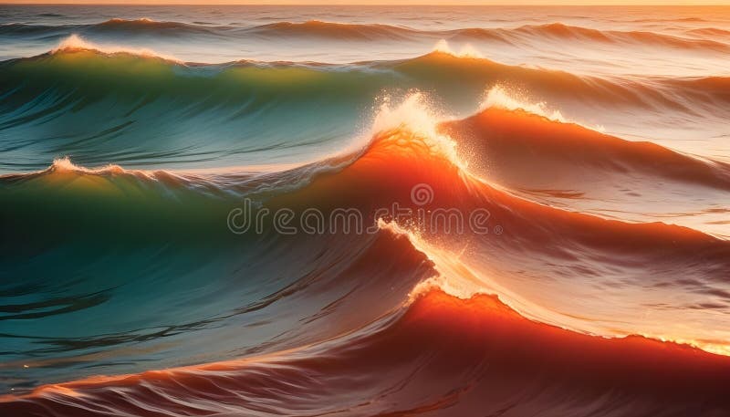 Dramatic Ocean Waves with a Fiery Sunset Glow, Crashing and Creating a ...
