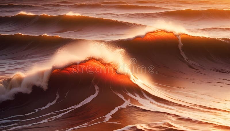 Dramatic Ocean Waves, Illuminated by the Fiery Glow of the Setting Sun ...