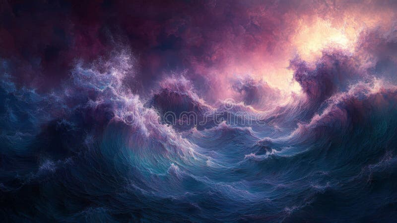 Dramatic Ocean Waves at Sunset, Purple and Blue Hues Stock Illustration ...