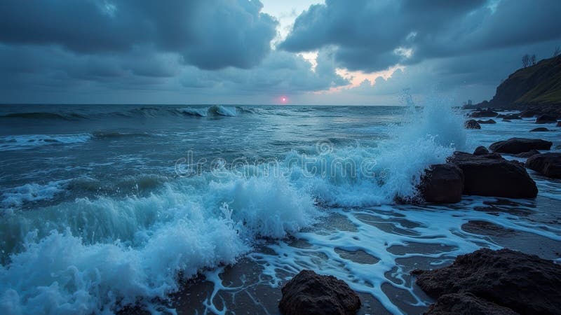 Dramatic Ocean Waves at Sunset with Rocky Shoreline Stock Image - Image ...