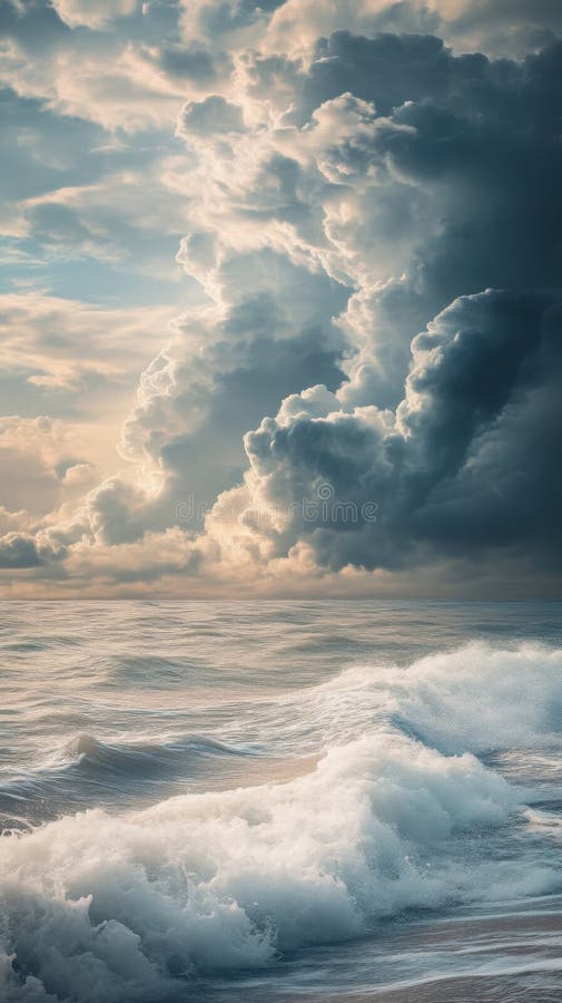 Dramatic Ocean Waves and Towering Cloudscape at Sunset, Serene Coastal ...