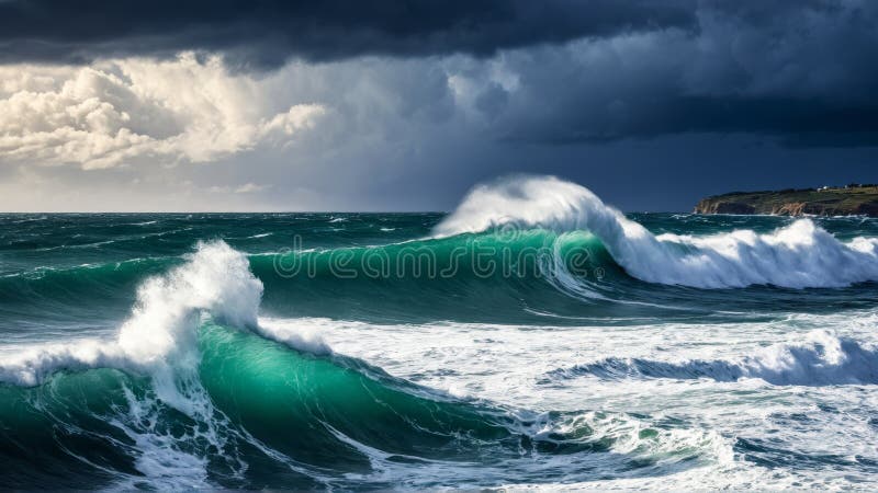 Dramatic Ocean Waves Under Stormy Skies with Turquoise Waters Stock ...