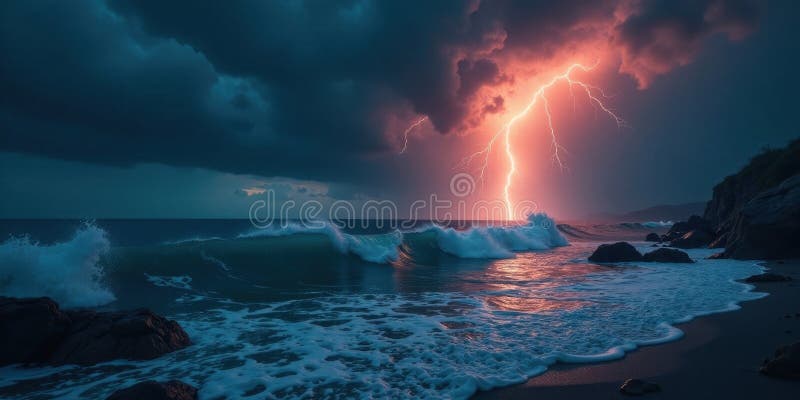 Dramatic Oceanic Storm Scene with Vibrant Lightning Strike and Crashing ...