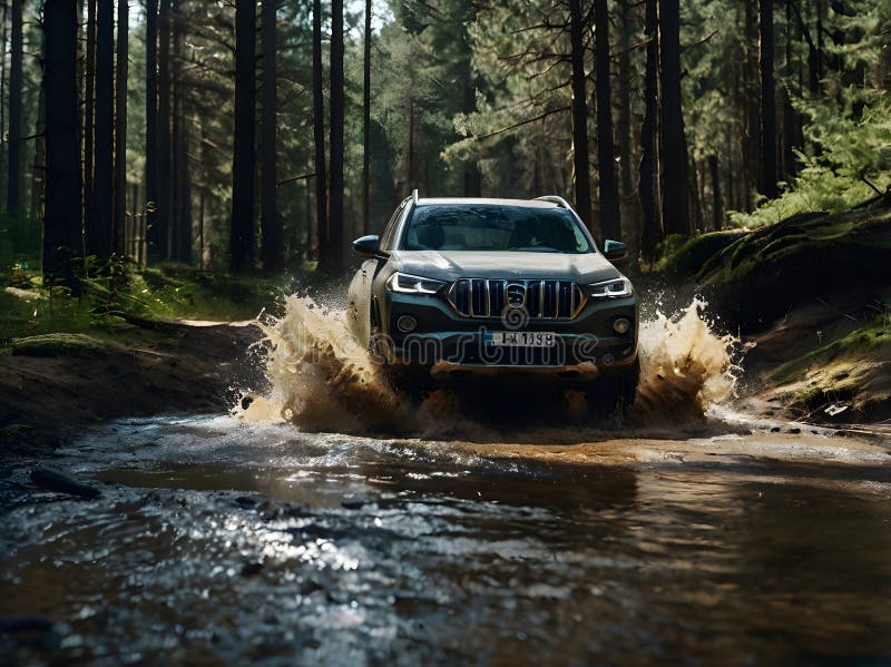 Dramatic Off-Road Drive Car Splash on a Forest Trail Ai Generative ...