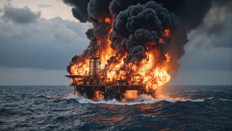Dramatic Offshore Oil Rig Explosion during Storm at Sea Stock ...
