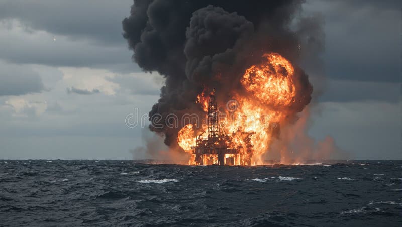 Dramatic Offshore Oil Rig Explosion during Storm at Sea Stock ...