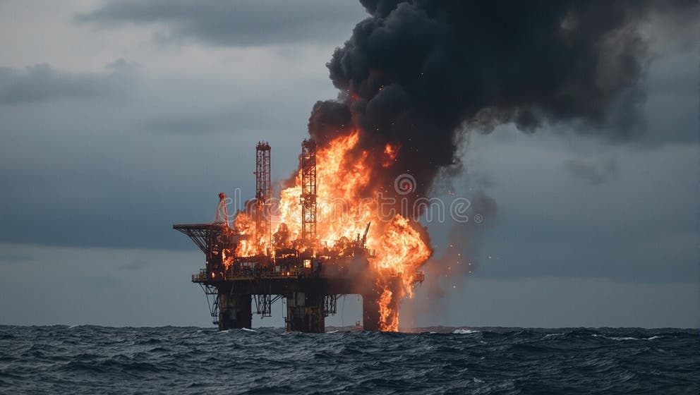 Dramatic Offshore Oil Rig Explosion during Storm at Sea Stock ...