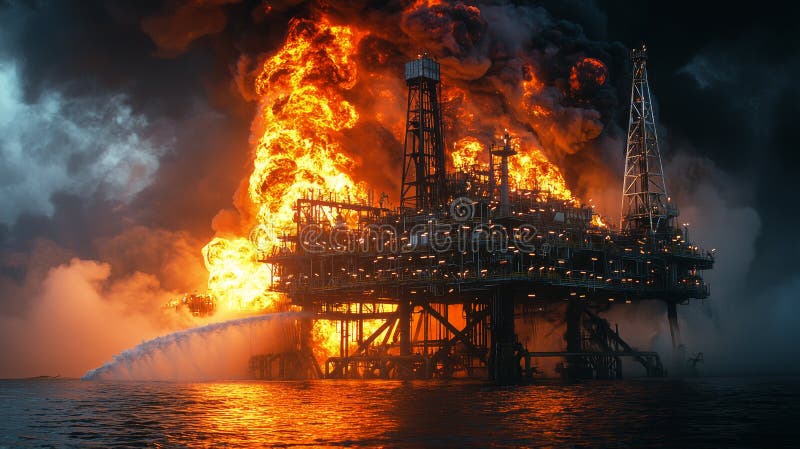 Dramatic Oil Rig Fire with Flames and Smoke Stock Illustration ...