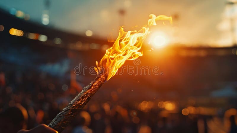 Dramatic Olympic Torch Flame Illuminates a Blurred Sports Arena ...