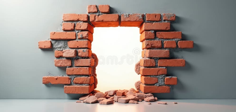 Dramatic Opening in Broken Red Brick Wall Texture, Light. Urban ...