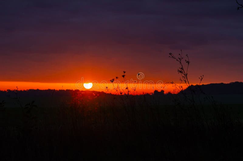 Dramatic Orange and Purple Sunset Over Field. Silhouettes of Trees. Low ...