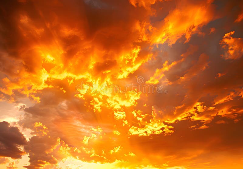 Dramatic Orange and Yellow Sunset Sky with Puffy Clouds Stock ...