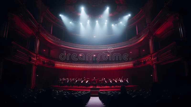 A Dramatic Orchestral Performance in a Dimly Lit Theater with Red ...