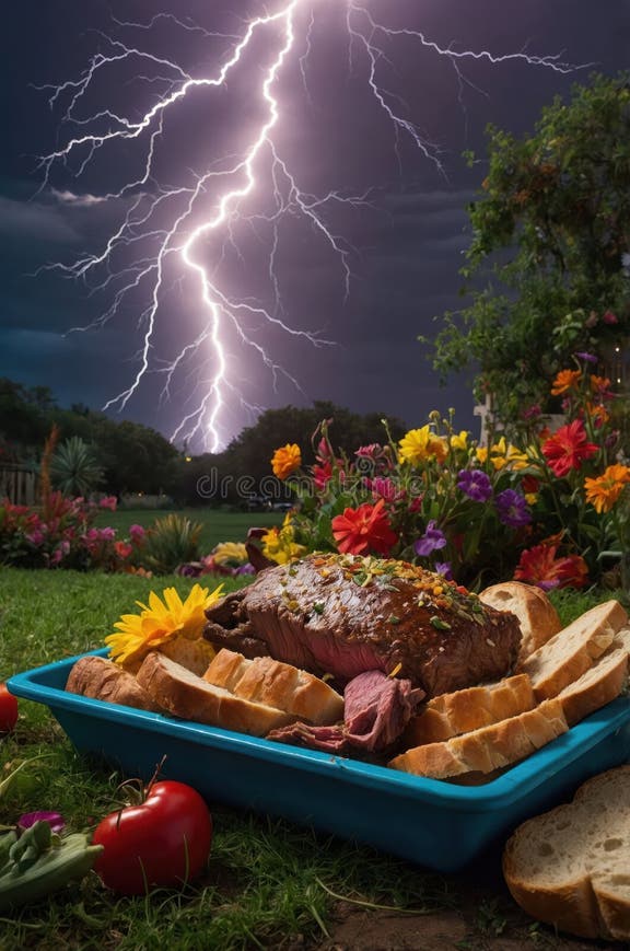 Juicy Grilled Steak Dinner with Lightning Storm Background Stock ...
