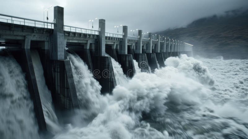 Dramatic Overflow of Water through Dam in Stormy Weather with Dark ...