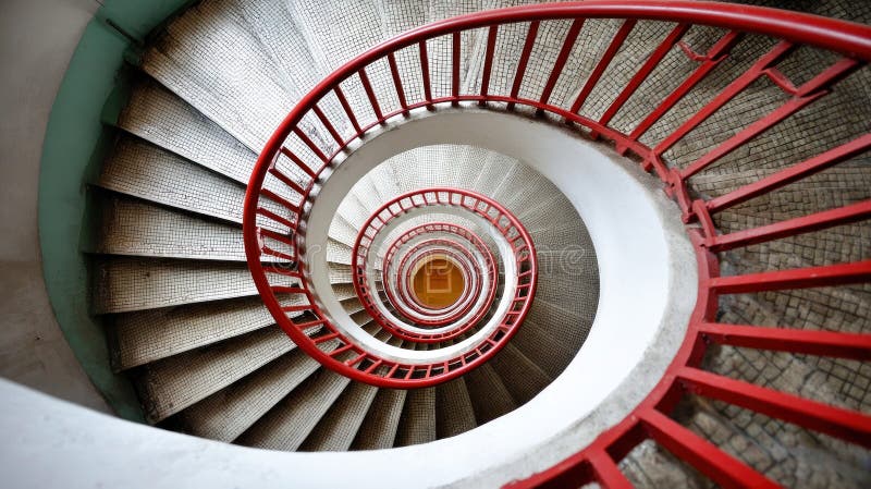 Dramatic Overhead Perspective of a Spiraling Staircase with Red Railing ...