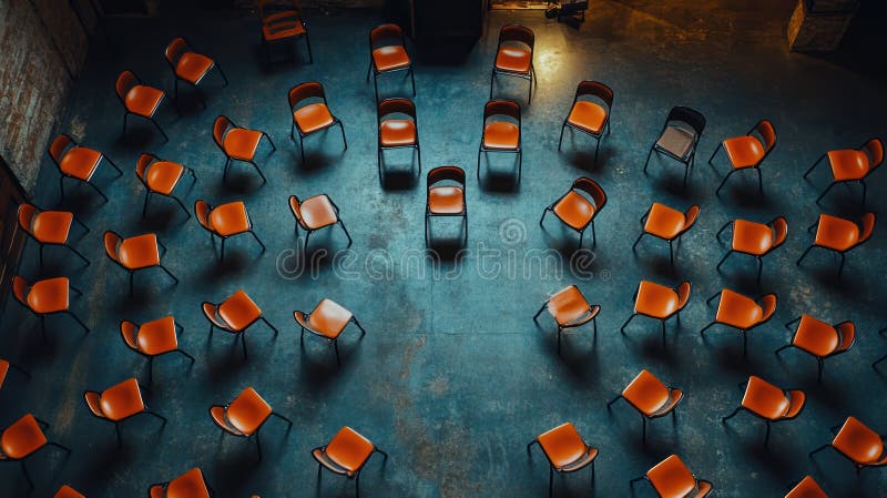 Dramatic Overhead Shot of Multiple Orange Chairs Arranged in ...