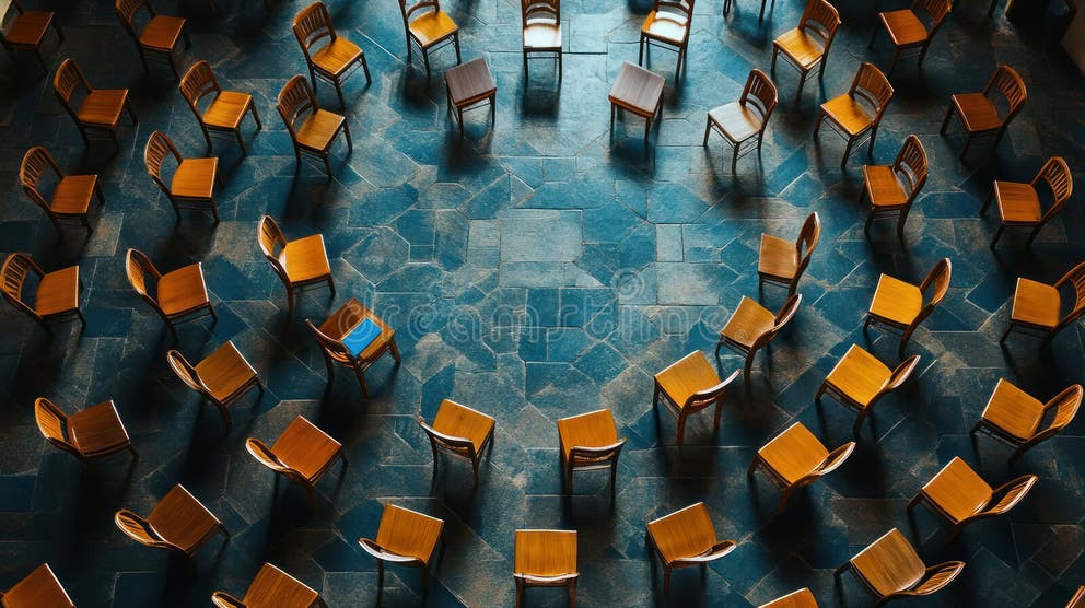 Dramatic Overhead Shot of Multiple Wooden Chairs Arranged in ...