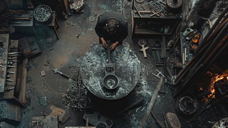 A Dramatic Overhead View of a Blacksmith Working on a Massive Anvil ...