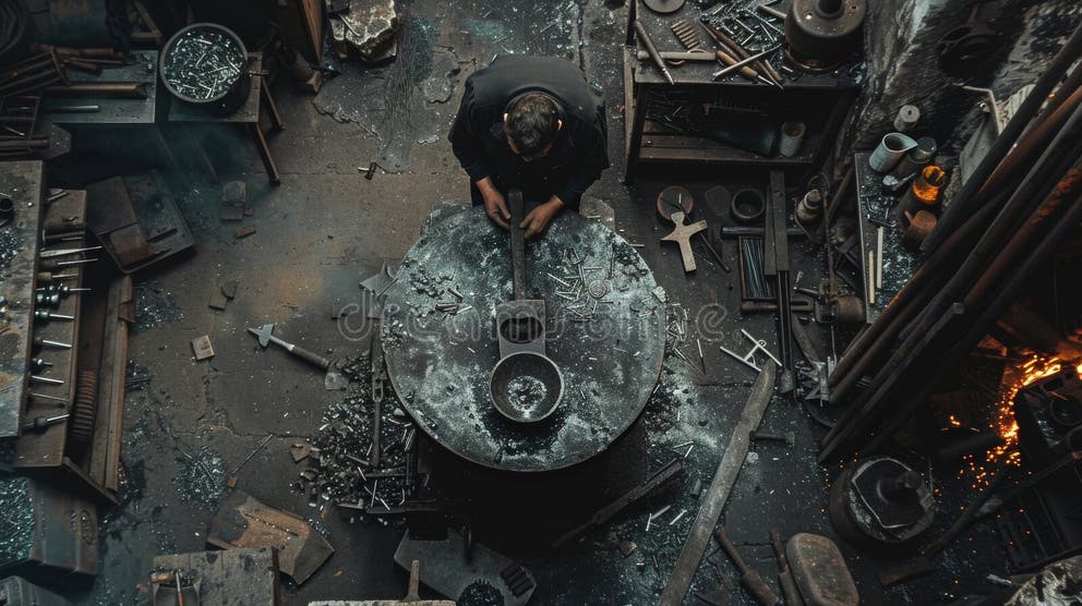 A Dramatic Overhead View of a Blacksmith Working on a Massive Anvil ...