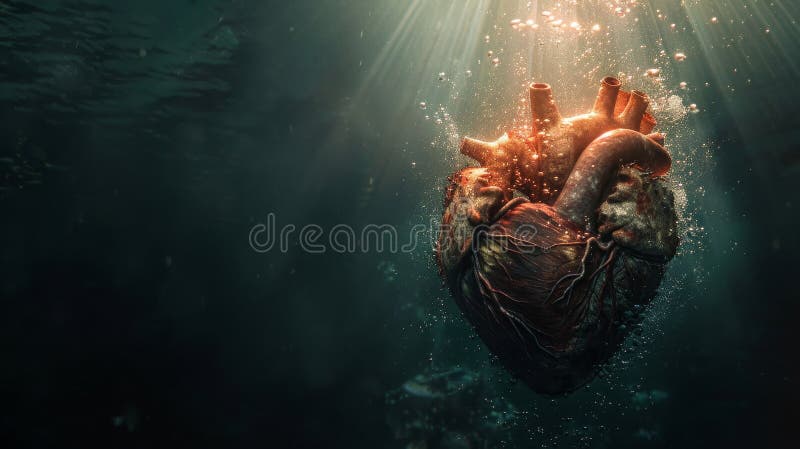 Dramatic Overhead View of a Decayed Human Heart Sinking into Dark Water ...