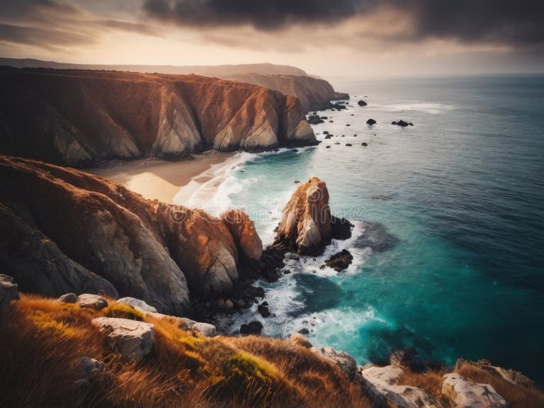 Dramatic Overhead View of Rugged Coastal Wilderness with Striking Rock ...