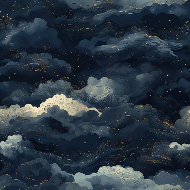 Dramatic Painted Night Sky with Swirling Clouds and Tiny Stars in a Seamless Pattern Stock ...
