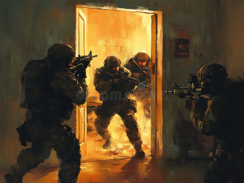 Special Forces Team Breaching Door during Intense Tactical Operation ...