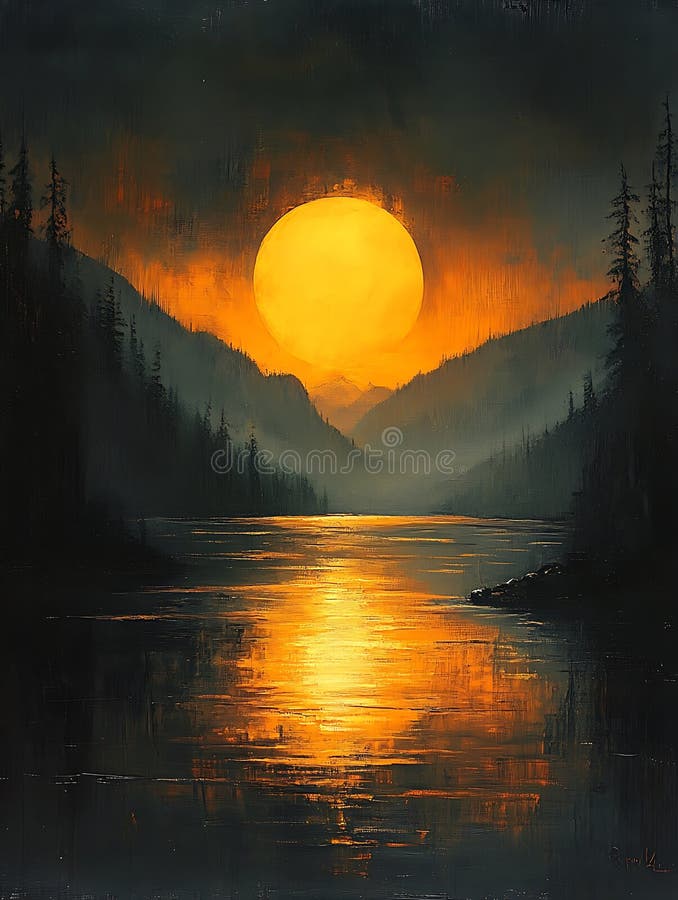 A Dramatic Painting Featuring a Large, Glowing Sun Setting between Dark ...