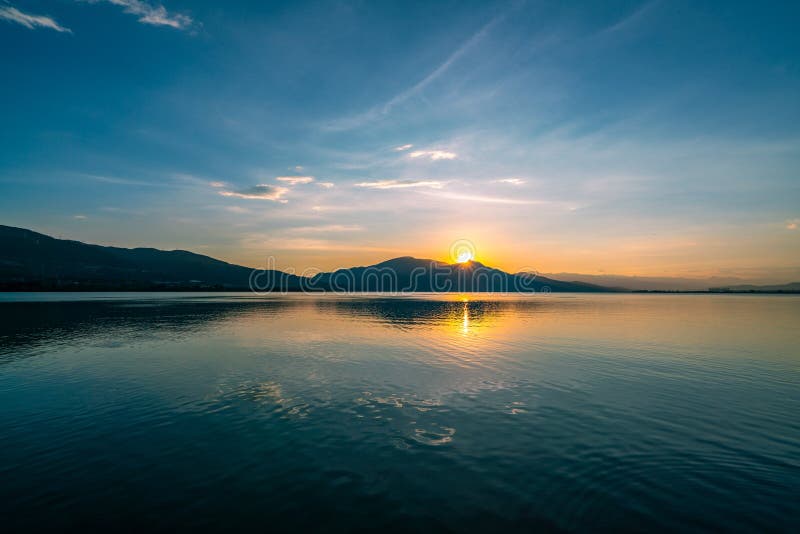 Dramatic Panorama Evening Sky and Clouds Over Lake at Sunset Stock ...