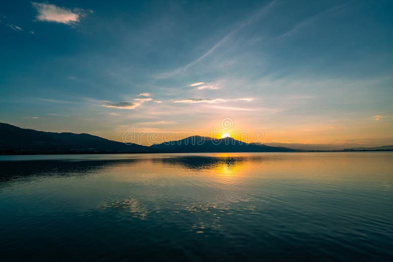 Dramatic Panorama Evening Sky and Clouds Over Lake at Sunset Stock ...