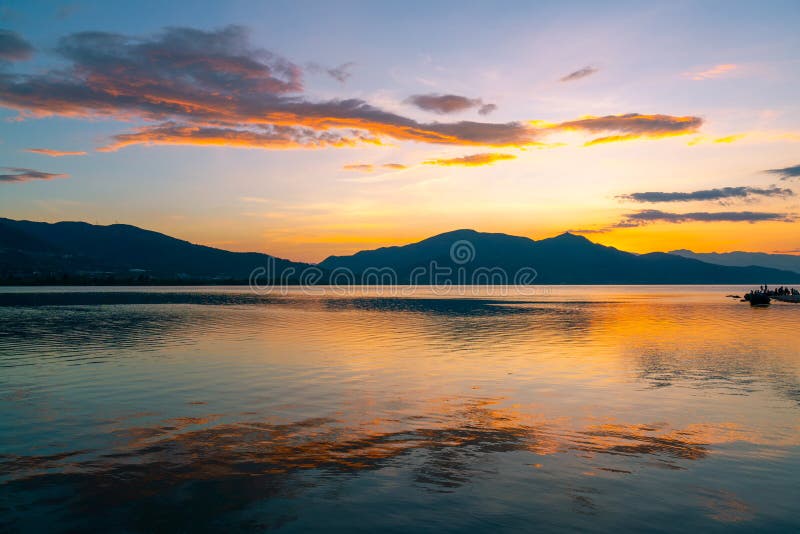 Dramatic Panorama Evening Sky and Clouds Over Lake at Sunset Stock ...