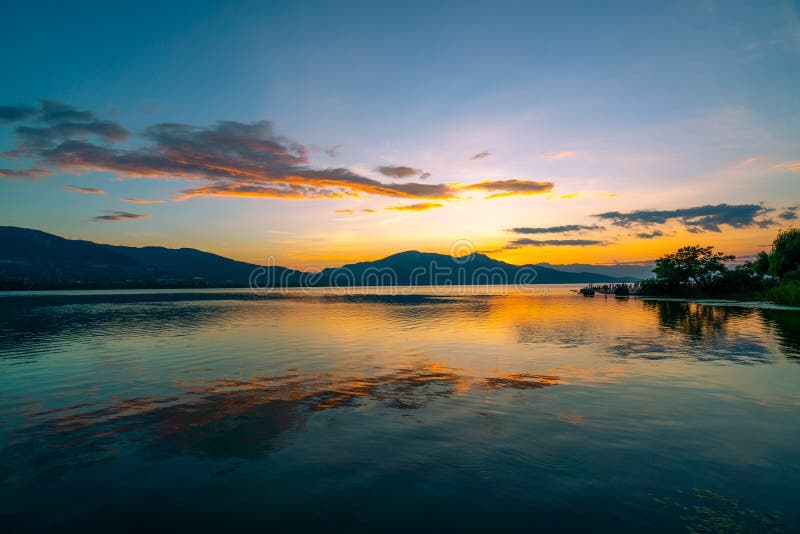 Dramatic Panorama Evening Sky and Clouds Over Lake at Sunset Stock ...