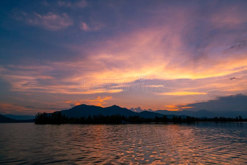 Dramatic Panorama Evening Sky and Clouds Over Mountain and Lake at ...