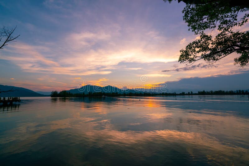 Dramatic Panorama Evening Sky and Clouds Over Mountain and Lake at ...