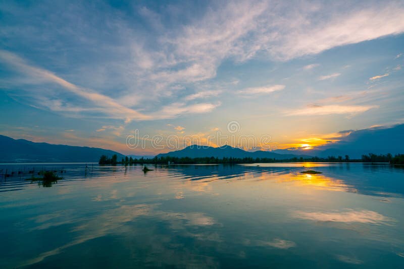 Dramatic Panorama Evening Sky and Clouds Over Mountain and Lake at ...