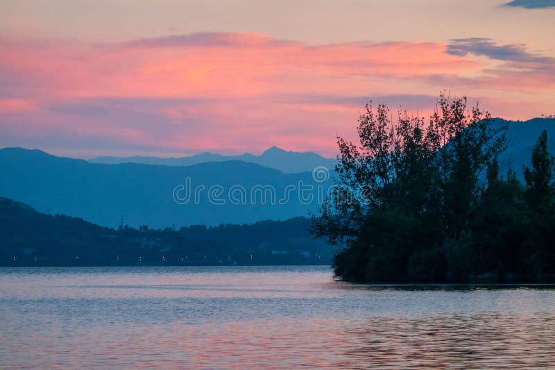 Dramatic Panorama Evening Sky and Clouds Over Mountain and Lake at ...
