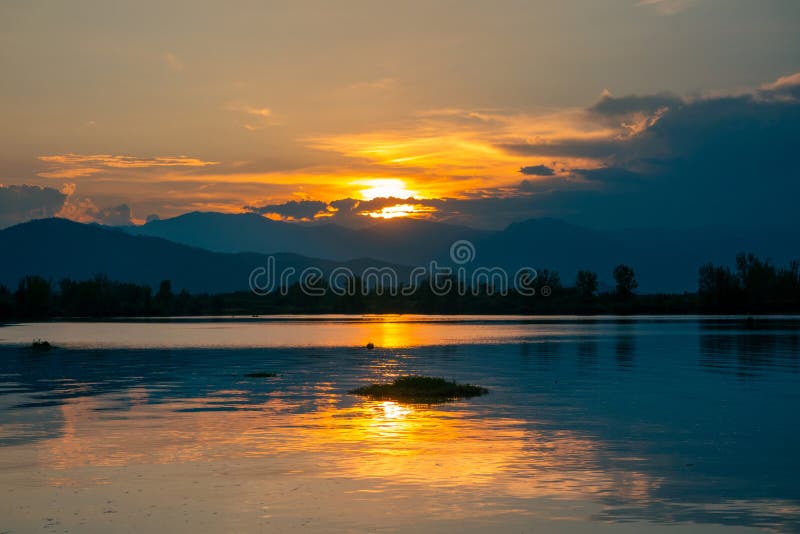 Dramatic Panorama Evening Sky and Clouds Over Mountain and Lake at ...
