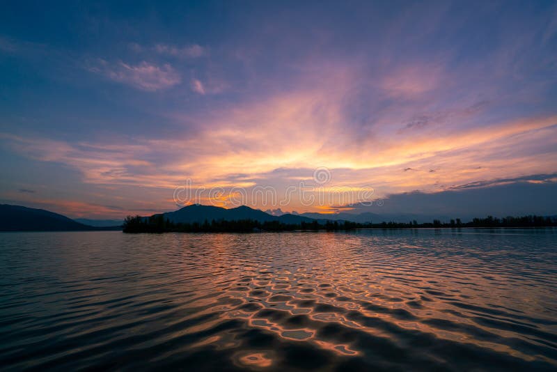Dramatic Panorama Evening Sky and Clouds Over Mountain and Lake at ...